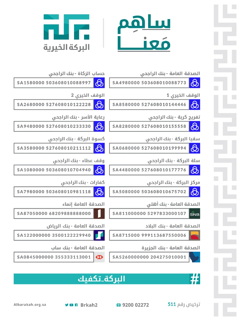 الحسابات البنكية - جمعية البركة الخيرية